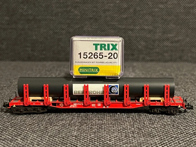 SPUR N MINITRIX 15265-20 Rungenwagen Snps v.-rot mit Rohr 4-achs. Ep. 5 ...