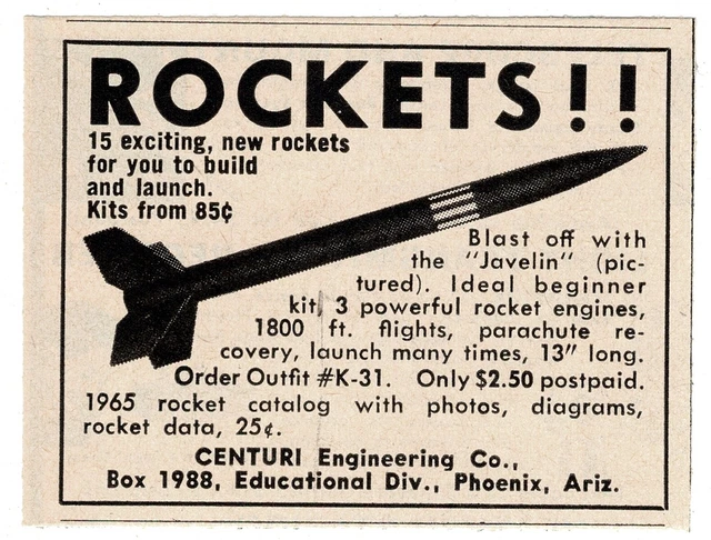 1965 CENTURI ENGINEERING Co. Javelin toy rocket kit Phoenix AZ Vintage ...