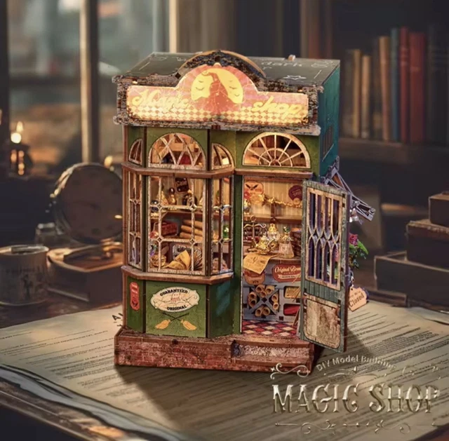 DIY BOOK NOOK Kit Magic Shop Wooden Miniature Doll House Bookshelf Gift ...