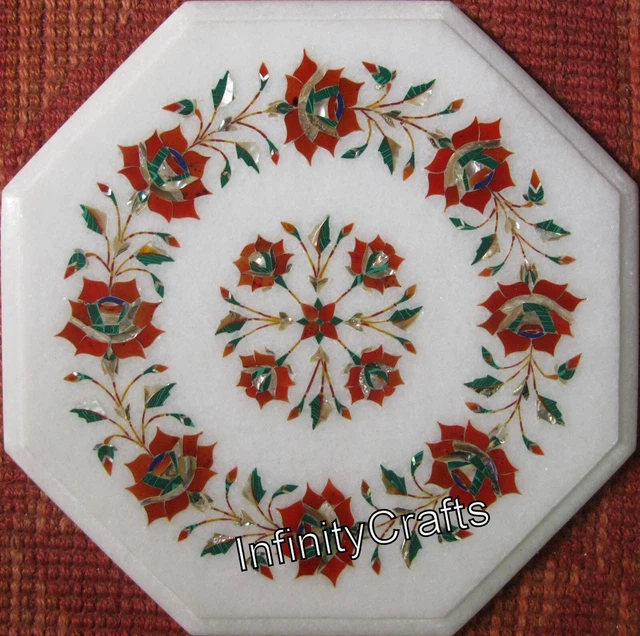 OCTOGONE MARBRE PATIO Café Table Haut Gemme Incrustation Travail ...