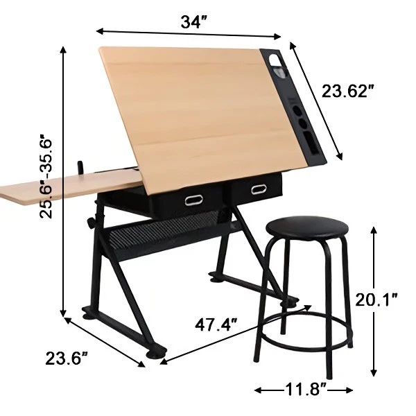 DRAFTING TABLE DRAWING Arts Craft Desk Tabletop w/Stool and 2 Drawers ...