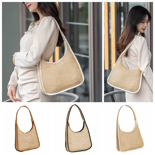 PU EDGING WOVEN Women's Bag Straw Plaited Tote Casual Weave Underarm ...