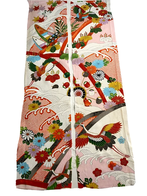 Vintage Japanese Girls Kimono Silk Fabric Cranes Splash 17cmx72cm Lot