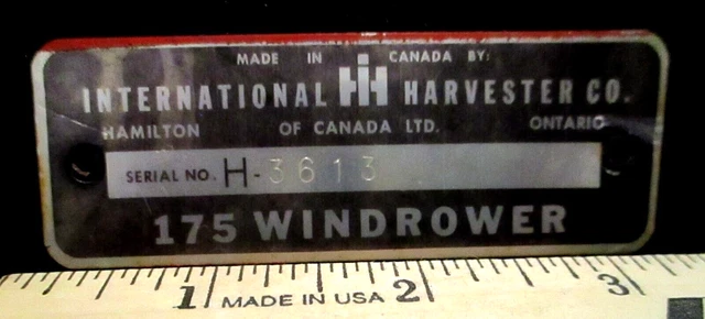 IH INTERNATIONAL HARVESTER 175 Windrower Serial Number Plate ID Tag ...