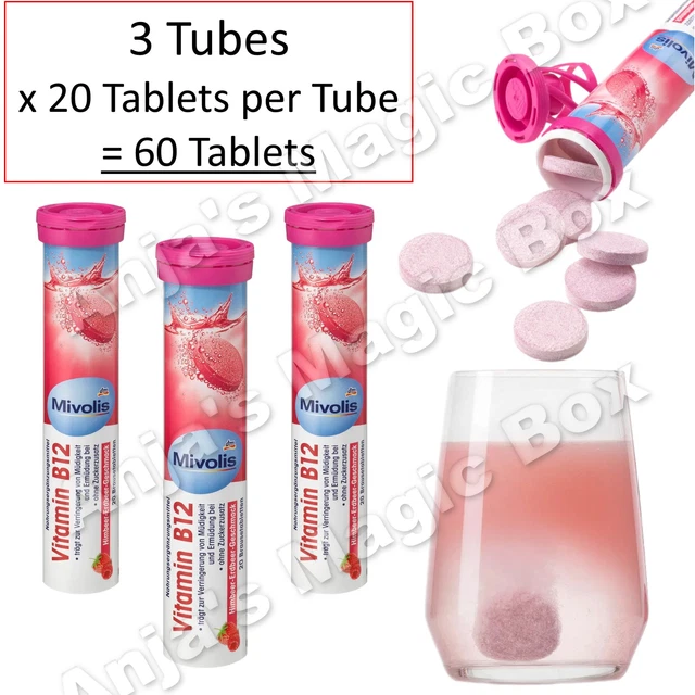 3 TUBES MIVOLIS Vitamin B12 * 60 effervescent Tablets, Straw/Raspberry ...