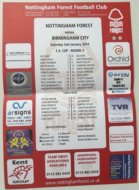 Nottingham Forest Team Sheet FOR SALE! - PicClick AU