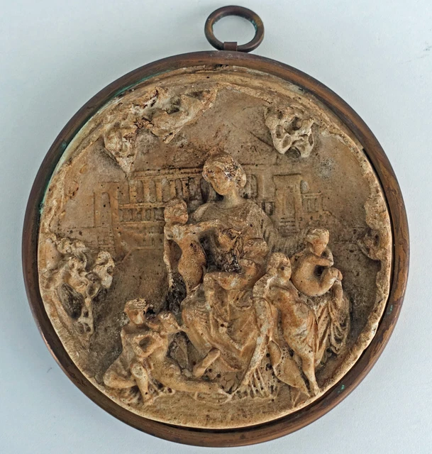 ANCIEN BAS RELIEF Tondo « Vierge Marie et Chérubins » Sculpture en Stuc ...