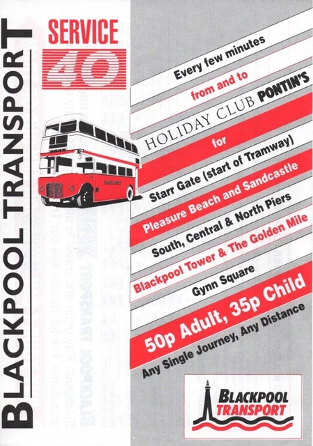 BLACKPOOL TRANSPORT BUS Timetable - 40 - Pontins-Tower-Glyn Square ...