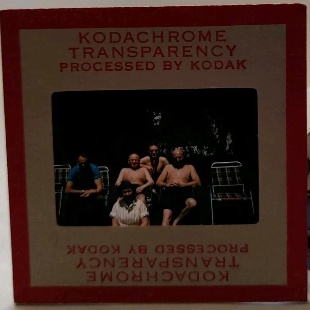 Kodak Slide 1950s Red Border Kodachrome Shirtless Men In Lawn Chairs