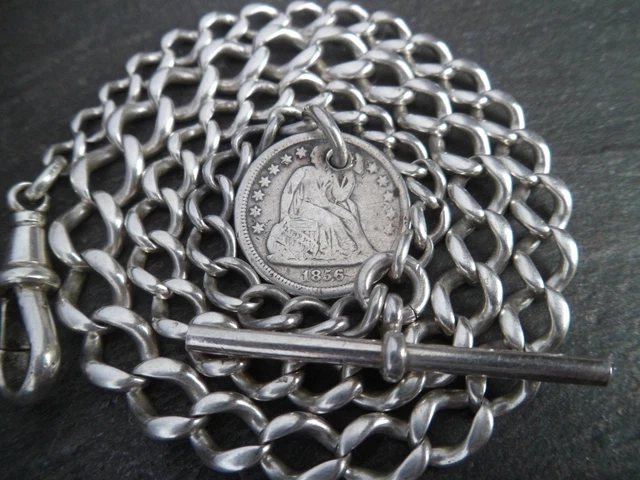 ANTIQUE GRADUATED SOLID Silver Albert Pocket Watch Chain + Victorian ...