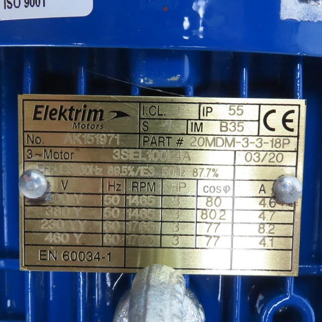 ELEKTRIM 20MDM-3-3-18P 3HP AC Electric Motor 1765RPM 230/460V 3PH 100L ...