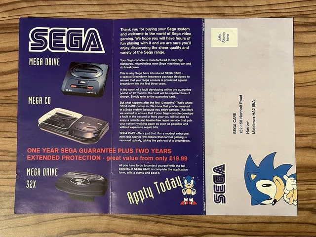SEGA CARE LEAFLET Mega Drive CD 32X Master System Console Extended ...