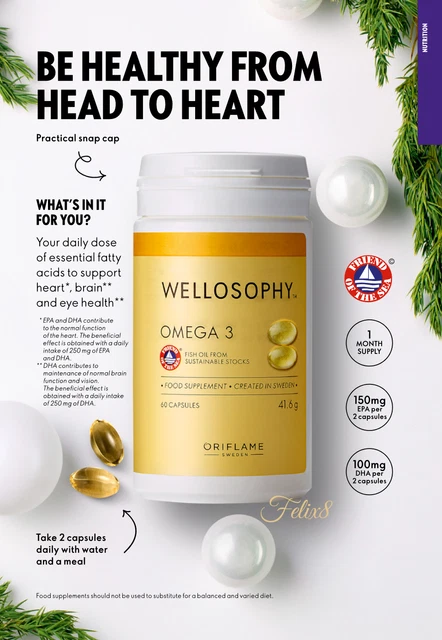 WELLOSOPHY OMEGA 3, Food Supplement ~ EPA & DHA, 60 capsules, Oriflame ...