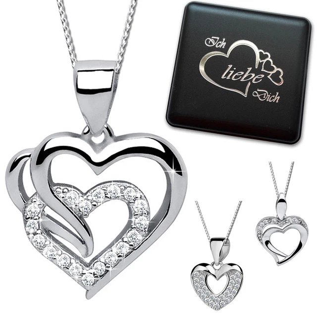 HERZ KETTE SILBER 925 Halskette Anhänger mit Zirkonia Steine für Frauen Damen EUR 49,95 ...