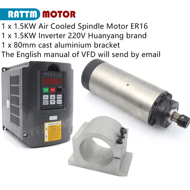 CNC ROUTER SPINDLE Motor 220v 1.5kw ER16 air cooled spindle 80mm+Inverter+Clamp EUR 261,00 ...