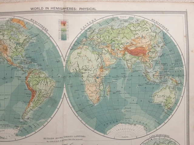 MAP POST WW1 1920s World In Hemispheres Physical defunct Waverley Atlas ...