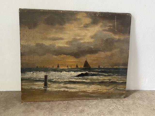 ANCIEN TABLEAU MARINE port bateau peinture sur panneau signature a identifié EUR 200,00 ...