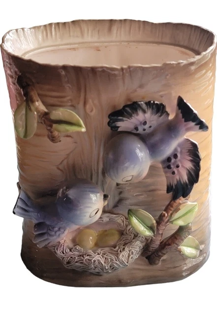 VINTAGE LEFTON NORCREST Purple Bird Tree Trunk Log COOKIE JAR Japan Esd ...