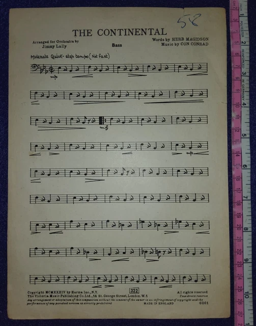 VINTAGE 'THE CONTINENTAL' Sheet Music For Bass. Ref00079 £19.99 ...