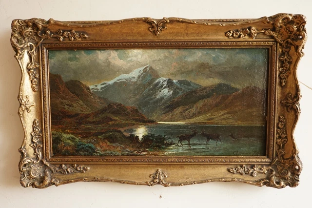CLARENCE ROE 1850-1909 Moonlit Scottish Landscape Stags Antique Oil ...