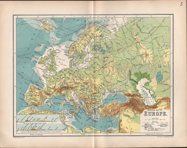 1903 CARTE ~ Europe Physique Pays Hauteurs Sectionnel Courants ...