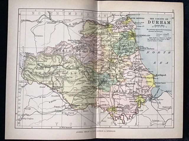 DURHAM, ANTIQUE COUNTY Map c1886 Philips England Railways Boroughs ...