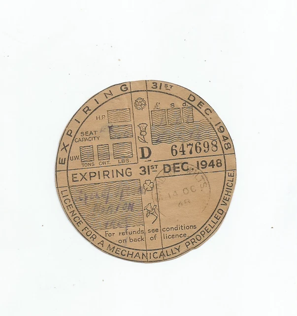 TAX DISC CYCLE and sidecar norton 1948 expiry 31st dec original £3.00 ...
