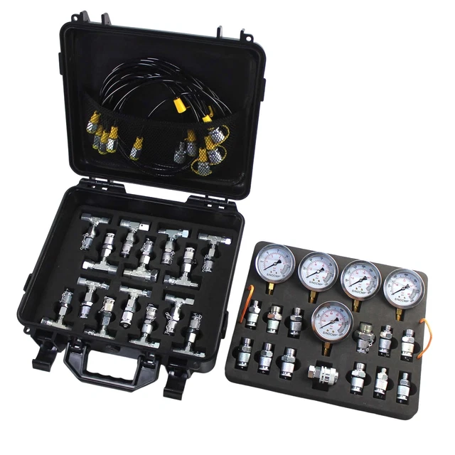 HYDRAULIC PRESSURE GAUGES Test Kit Set 5 Hose 5 Gauge 14 Connectors 13 ...