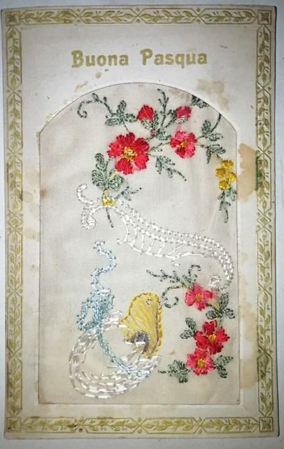 BUONA PASQUA CARTOLINA D'epoca Disegno In Seta Ricamata E Cornice In ...