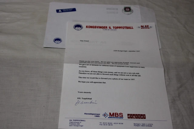 CARTA OFICIAL KONGSVINGER IL (Noruega 1997) - Membrete Vintage, Firma y ...