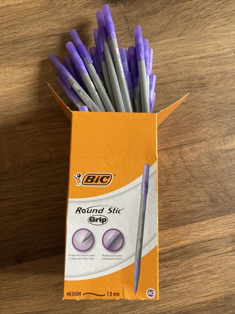 BIC ROUND STIC Grip 1.0mm Medium Nib Purple Ballpoint Pens ( BOX 40 ...