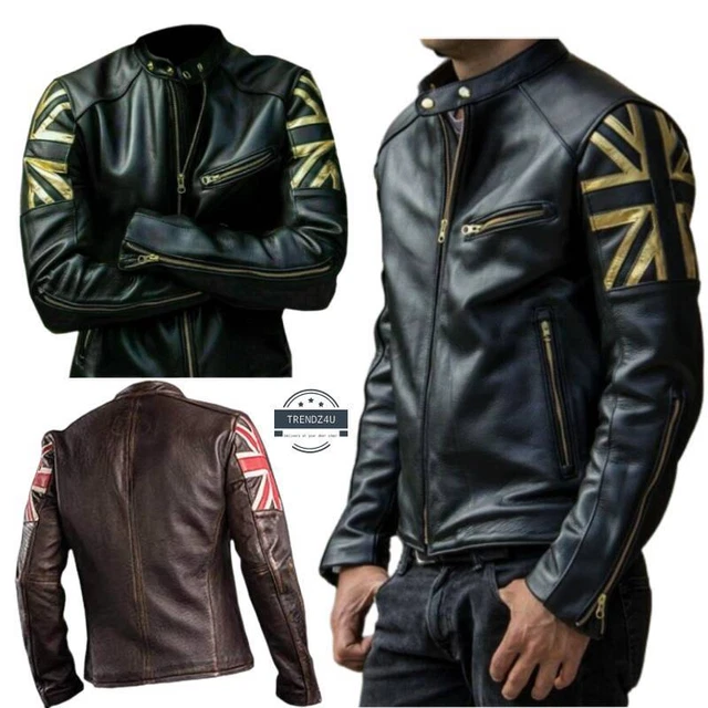 MEN’S MOTORCYCLE CAFE Racer Union Jack UK Flag Jack Black Real Leather ...
