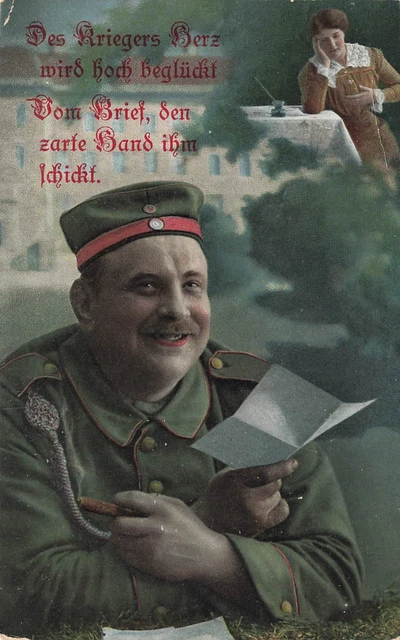 AK 1.WK SPRUCHKARTE Feldpostbrief Soldat Frau 1915 gelaufen Patriotika ...