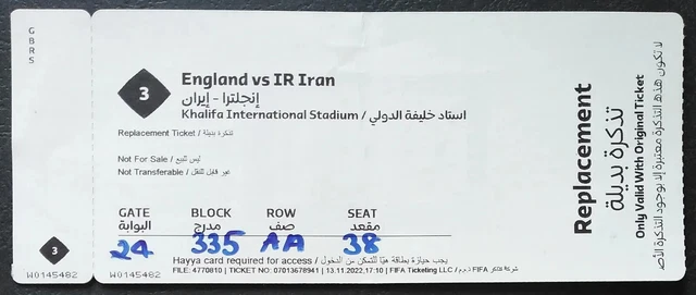 # TICKET WHITE FIFA World Cup Qatar 2022 England vs IR Iran # Match 3 ...