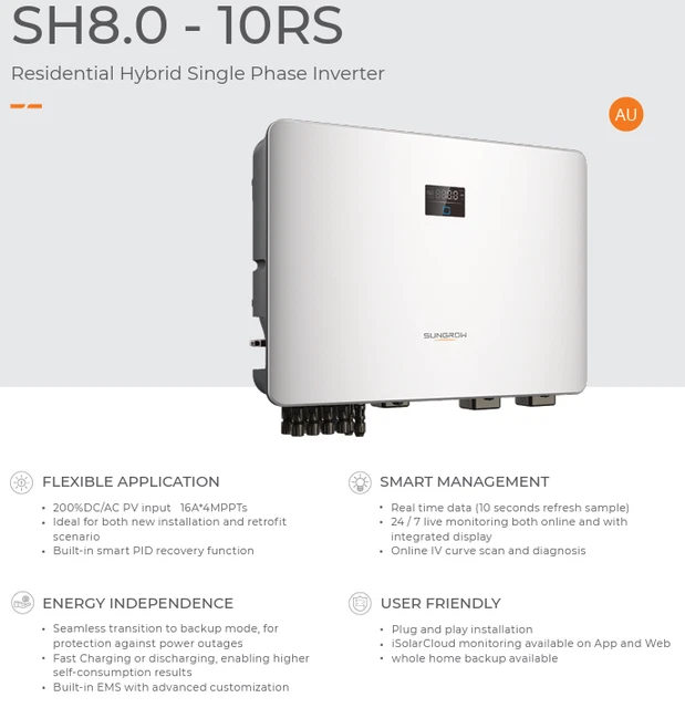 SUNGROW SH10RS SOLAR Inverter String 10kW Hybrid 1 Phase 4 MPPT with ...