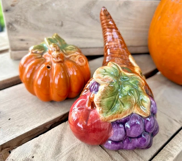 BICO ~ 🦃THANKSGIVING Cornucopia & Pumpkin Salt & Pepper Shaker 🍇~ Large ...