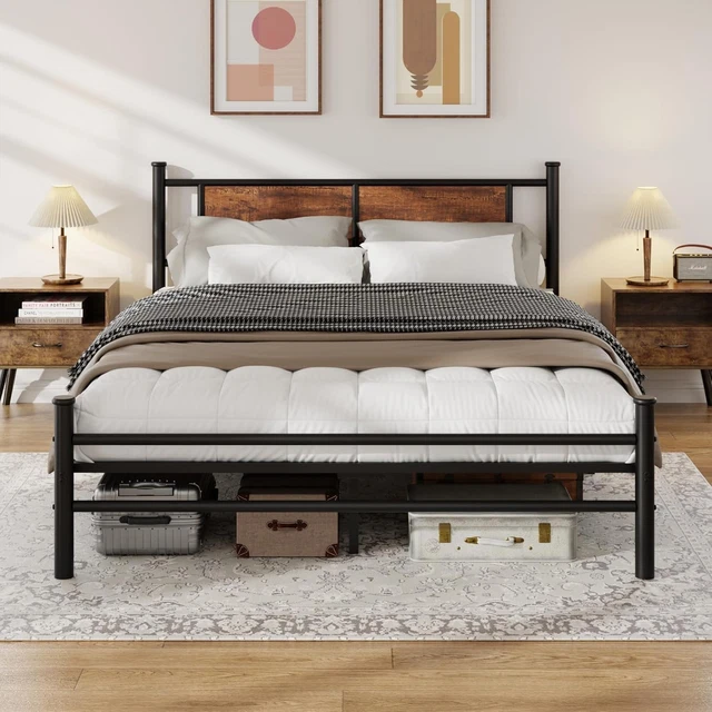 QUEEN SIZE BED Frame Rustic Wood Headboard Metal Platform Steel Slat ...