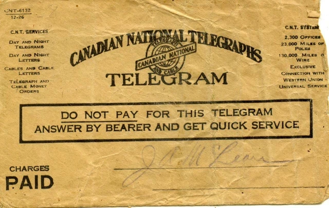 CANADIAN NATIONAL TELEGRAMS - Rare Telegram From Rodney Ont. 1930 Ref ...