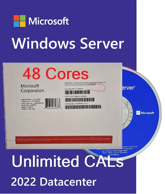 MICROSOFT WINDOWS SERVER 2022 datacenter 48 Core Unlimited Cals DVD ...