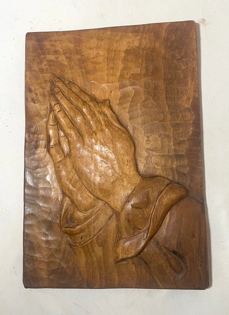Antique Hand Carved Wood Praying Hands Wall Relief Art Plaque Sculpture