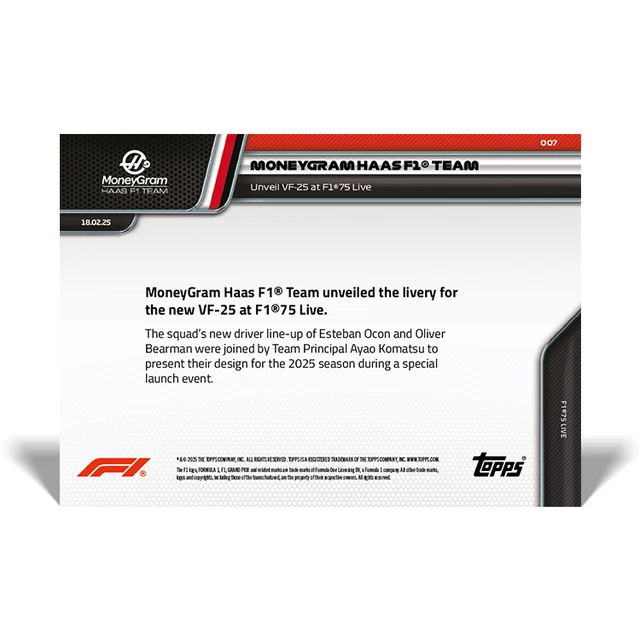 TOPPS NOW FORMULA 1 2025 - Card 007 - MoneyGram Haas F1 Team - Pre-Sale ...