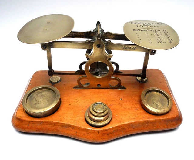 ANTIQUE VICTORIAN BRASS British Postal Scales & Weights, Complete Set £ ...