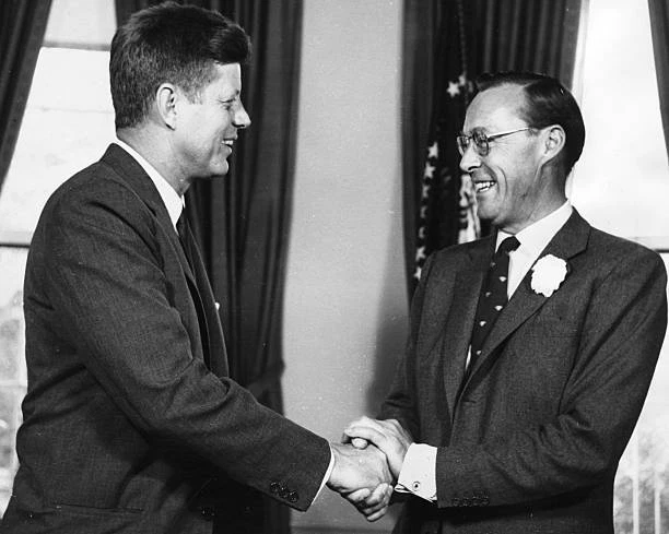 STATESMAN JOHN F Kennedy 35th president USA shakes hands Prince Bern ...