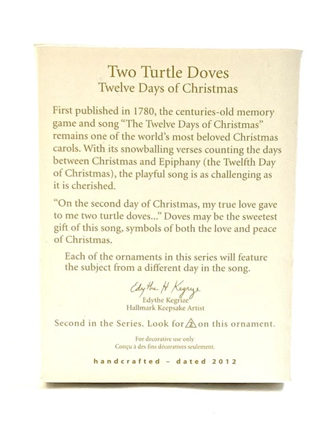 HALLMARK TWO TURTLE Doves 12 Days of Christmas Keepsake Ornament 2012 £ ...