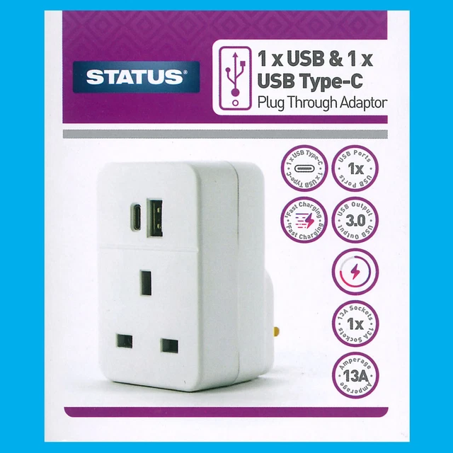 ADAPTATEUR MURAL USB 2 Ports (1x Type-C, 1x Type-A) Charge Rapide 20W ...
