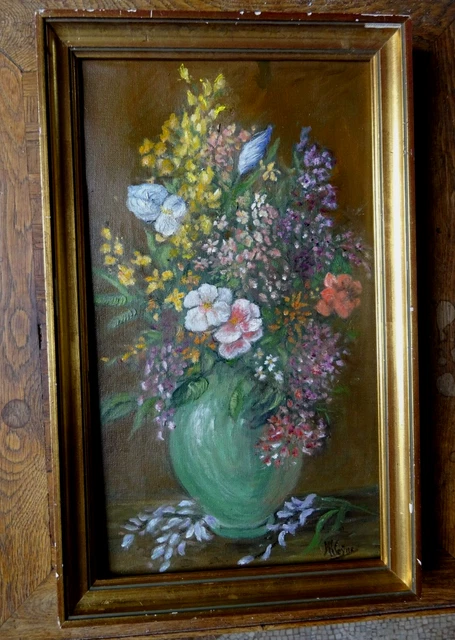 HUILE ANCIENNE NATURE morte bouquet de fleurs signé EUR 120,00 - PicClick FR