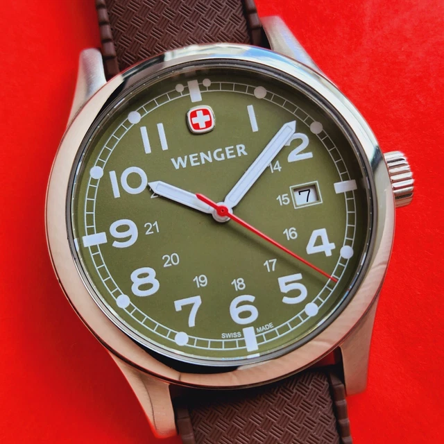 WENGER MILITARY WATCH Rare Olive Green Dial 24 Hour Scale Tropic Strap ...