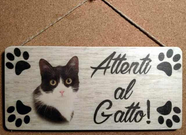 CARTELLO TARGA ATTENTI al GATTO BIANCO NERO legno 100% cm. 13 x 28 ...