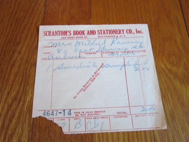 ROCHESTER NY PAPER Collectible Receipt Scrantom's Book Stationery Store ...