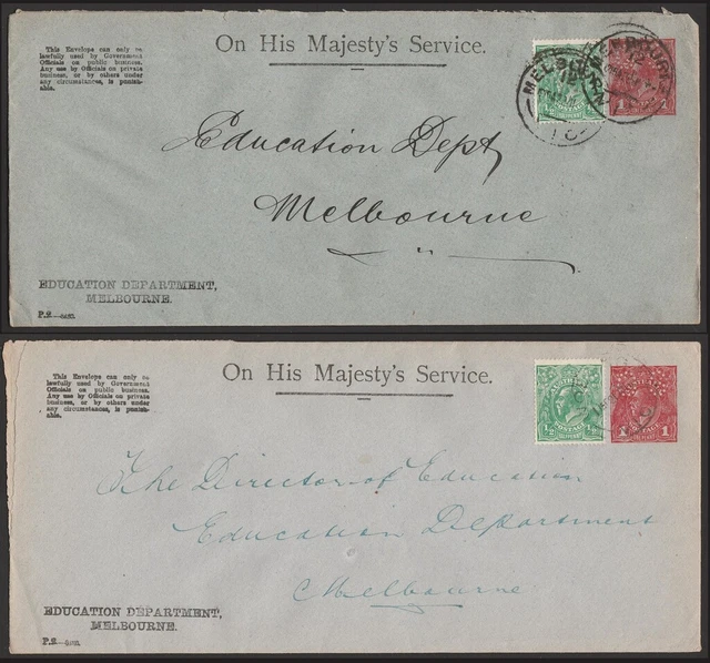 AUSTRALIA ENVELOPES-OFFICIAL 1919 KGV 1d OS Education Dept Melbourne + ½d green. $132.99 ...